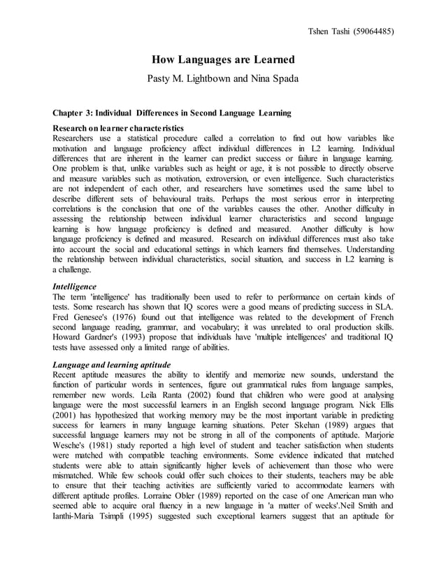 Chapter 3 individual differences in second language learning | DOCX