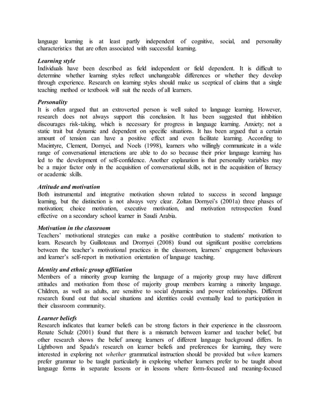 Chapter 3 individual differences in second language learning | DOCX