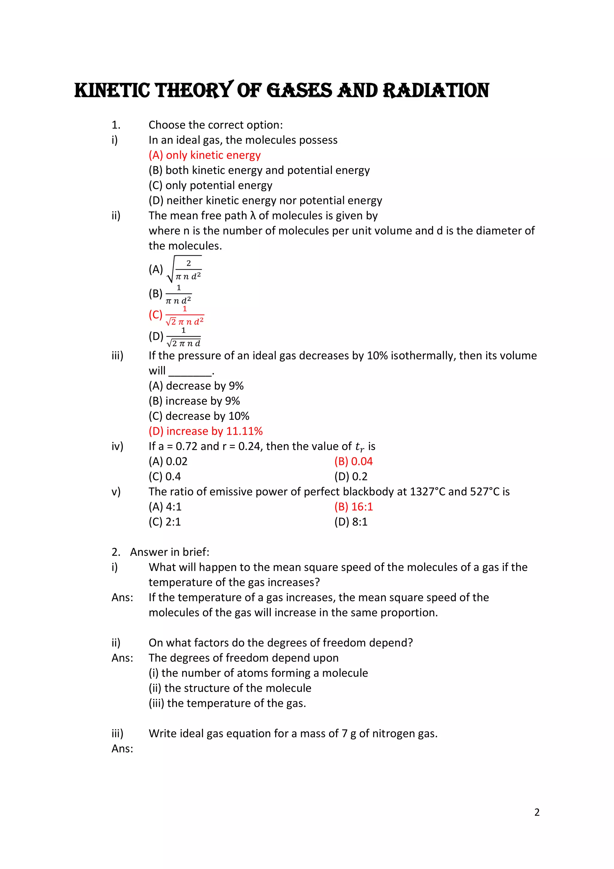 Chapter 3 - Kinetic theory of gases and radiation exercises solution | PDF