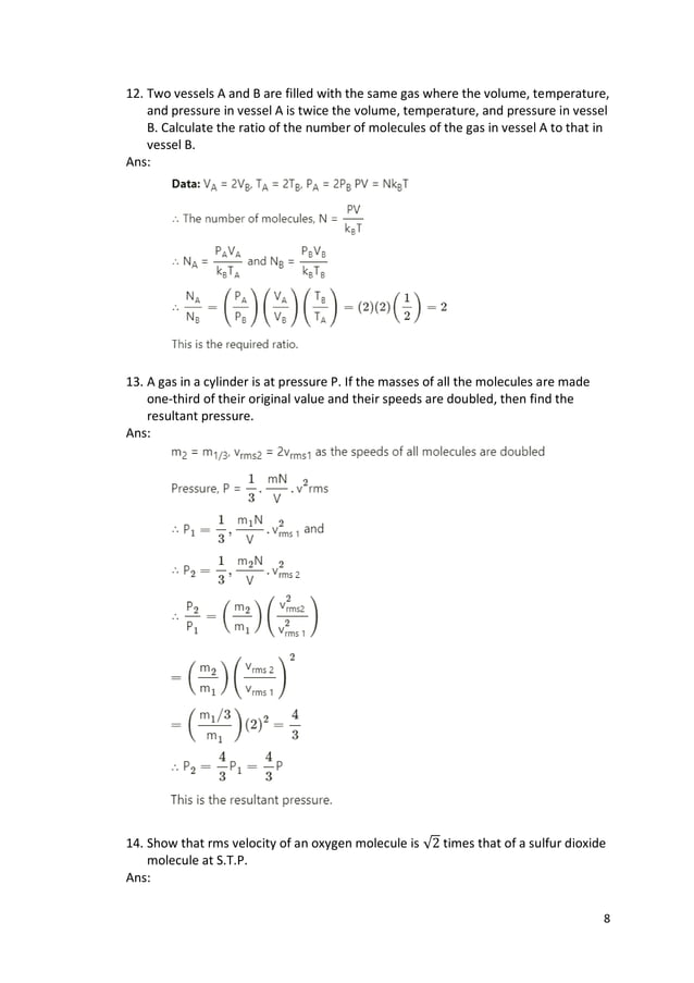 Chapter 3 - Kinetic theory of gases and radiation exercises solution | PDF