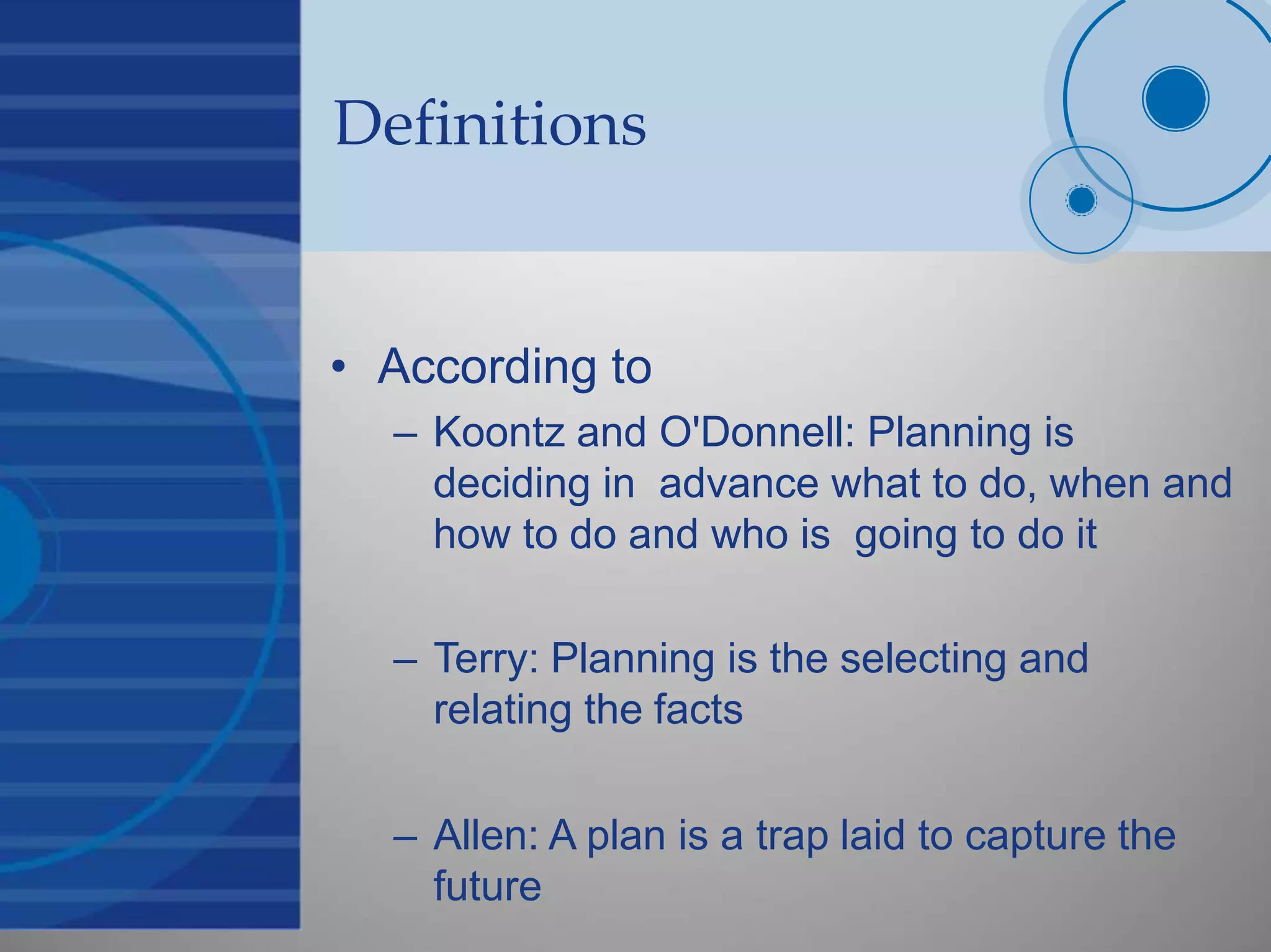 PLANNING IN MANAGEMENT,DEFINITION CHARACTERISTICS, IMPORTANCE AND ...