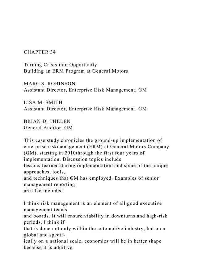 CHAPTER 34Turning Crisis into OpportunityBuilding an ERM.docx | Executive Leadership ...
