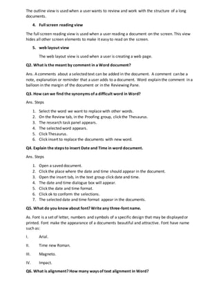 Computer Education Class 7 (PTB) Chapter 3 & 5 question answer | DOCX