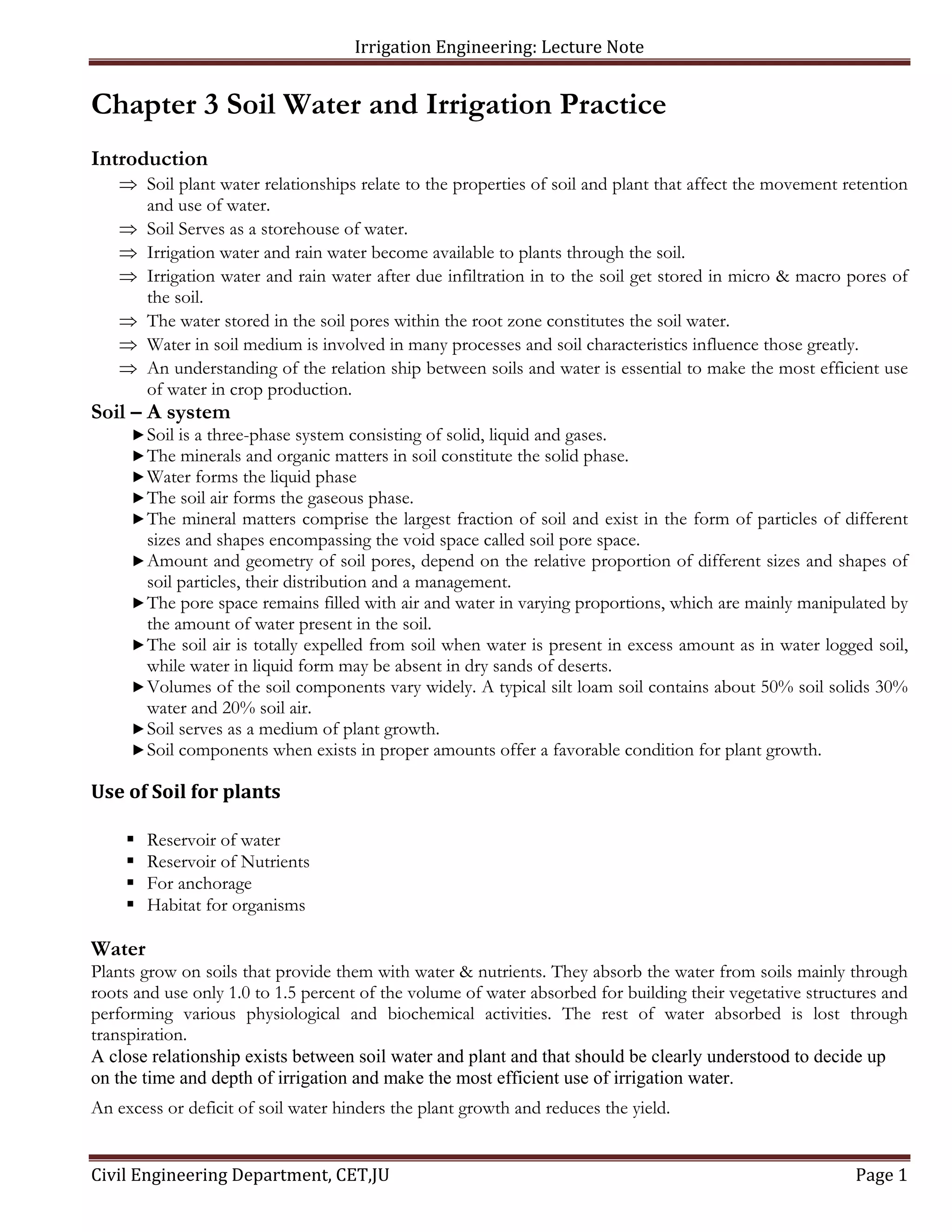 Chapter 3 soil water and irrigation practice1 | PDF