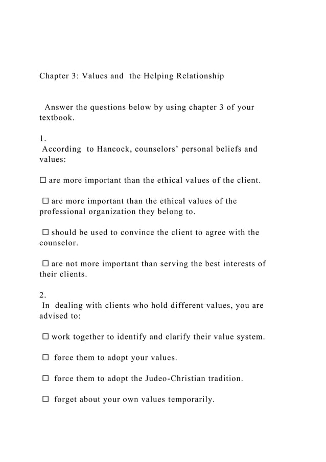 Chapter 3 Values and the Helping Relationship Answer th.docx | Free Download