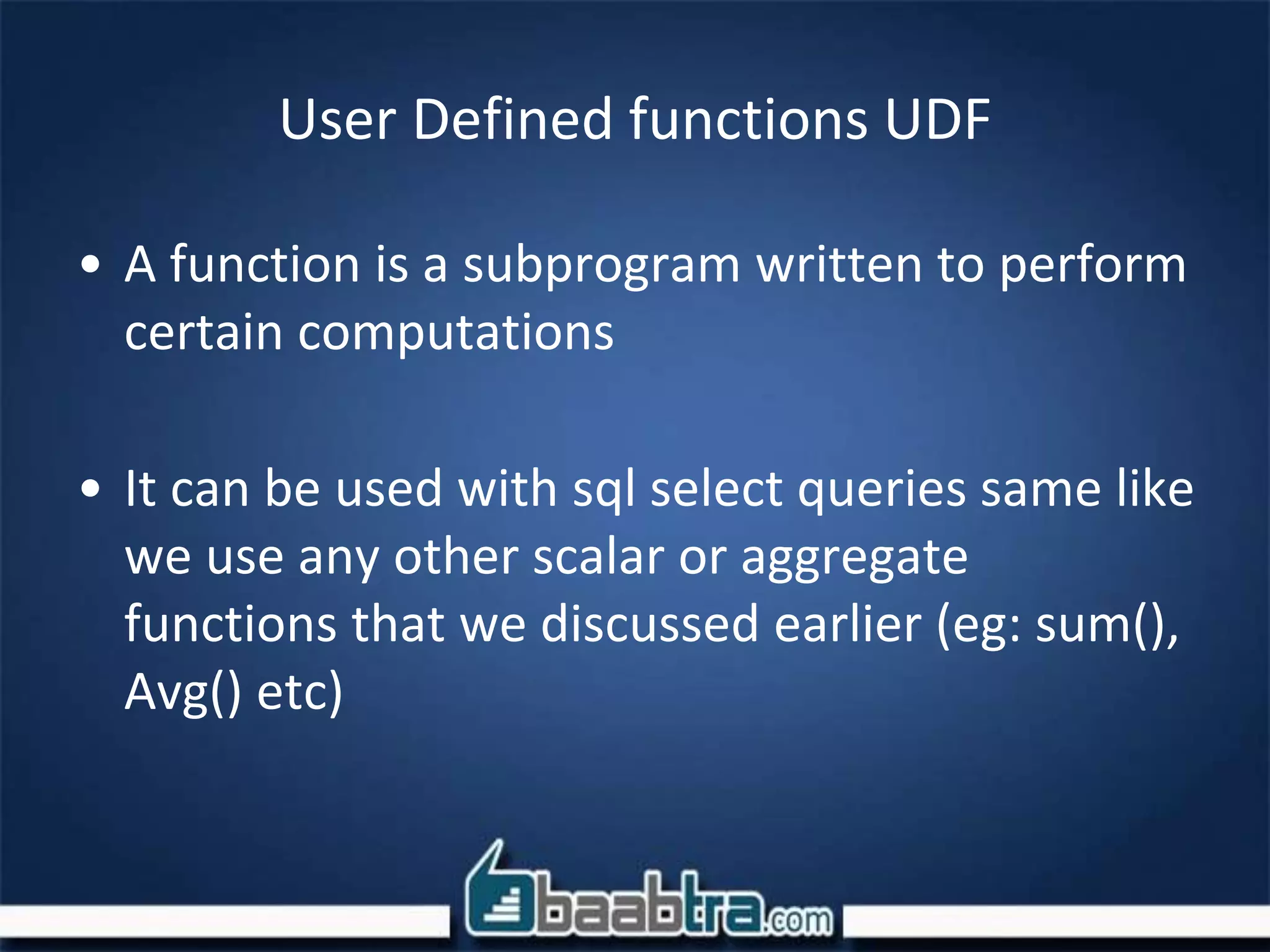 Chapter 4 functions, views, indexing | PPTX