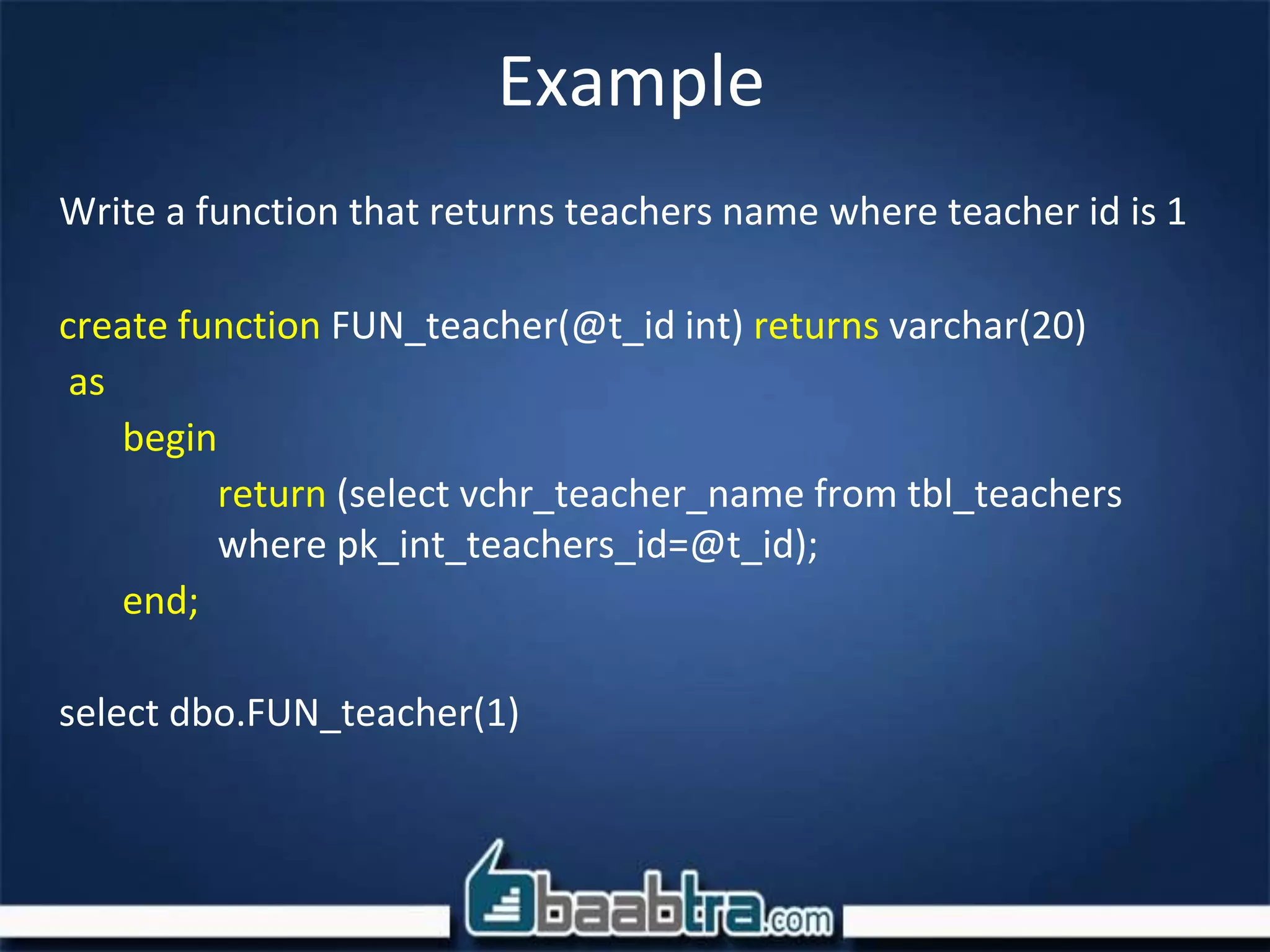 Chapter 4 functions, views, indexing | PPTX