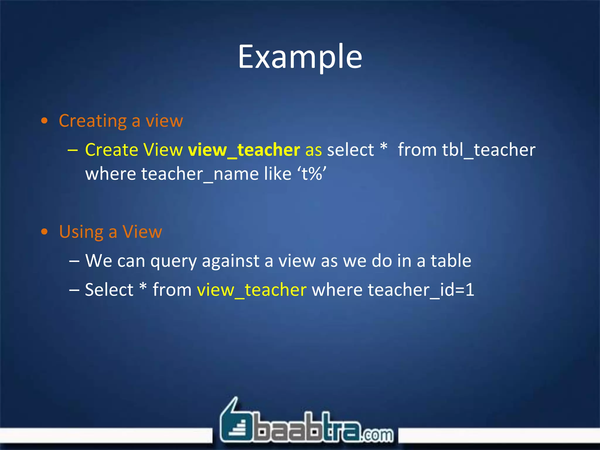 Chapter 4 functions, views, indexing | PPTX