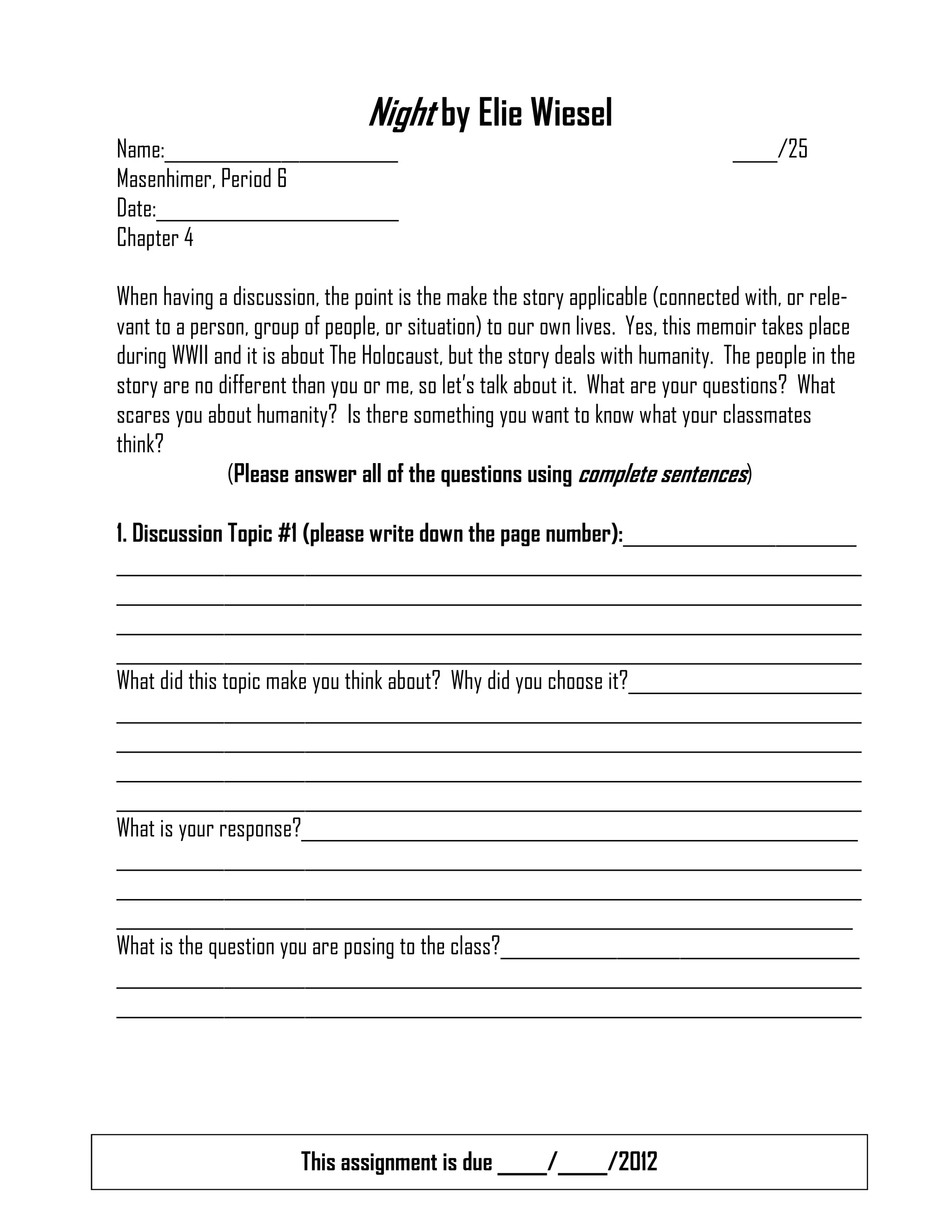 Night: Chapter 4 Assignment | PDF