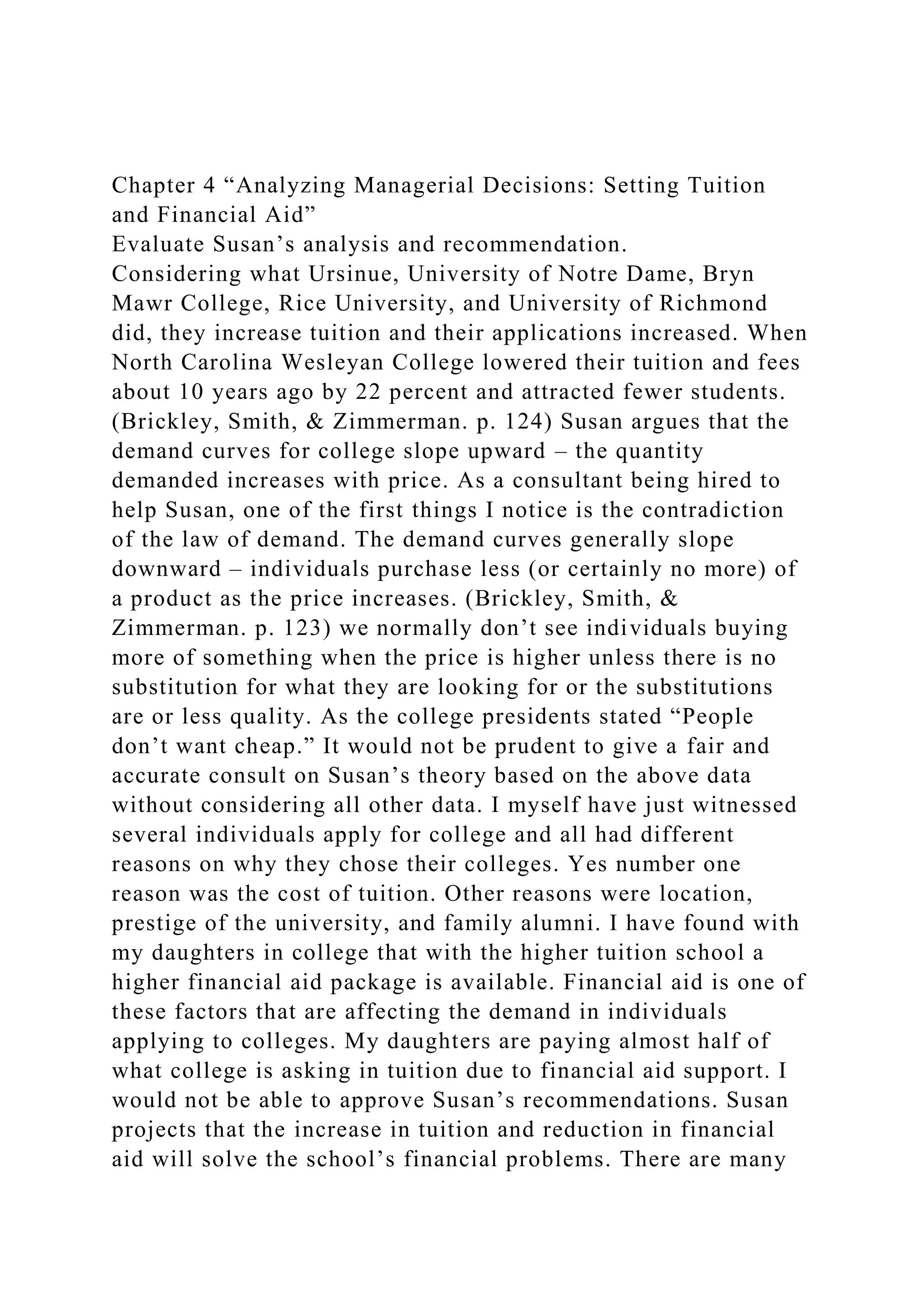 Chapter 4 Analyzing Managerial Decisions Setting Tuition and Fin.docx