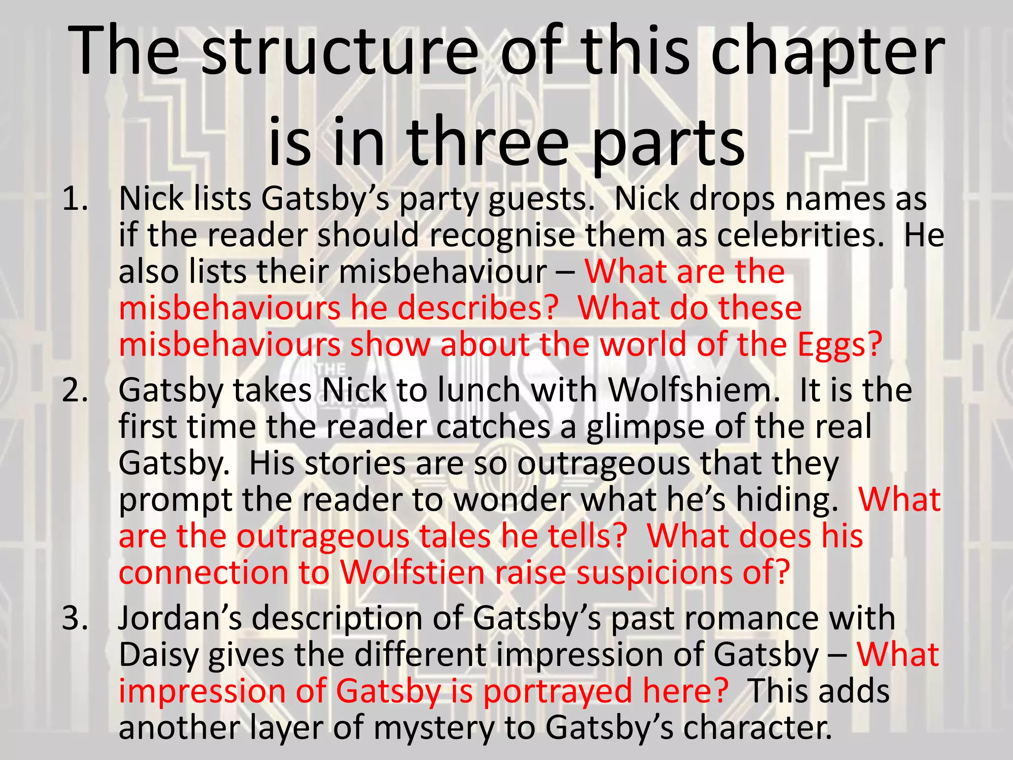 The Great Gatsby - Chapters 4 and 5 | PPTX | Genres