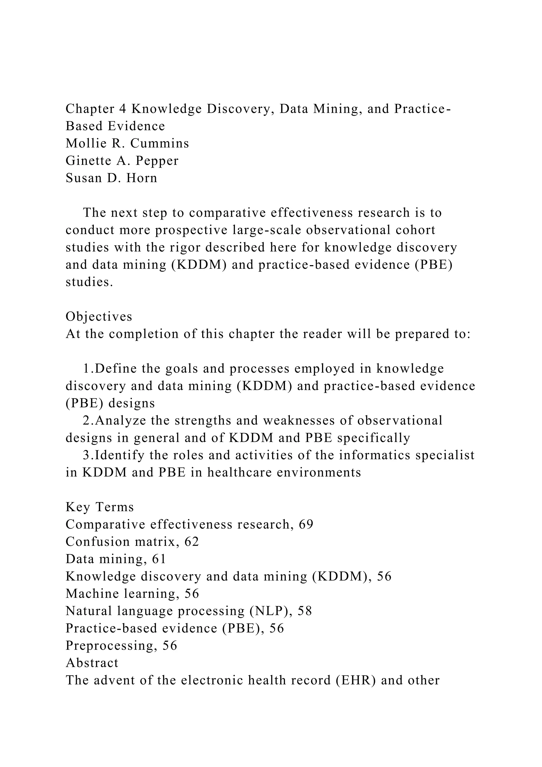 Chapter 4 Knowledge Discovery, Data Mining, and Practice-Based Evi.docx