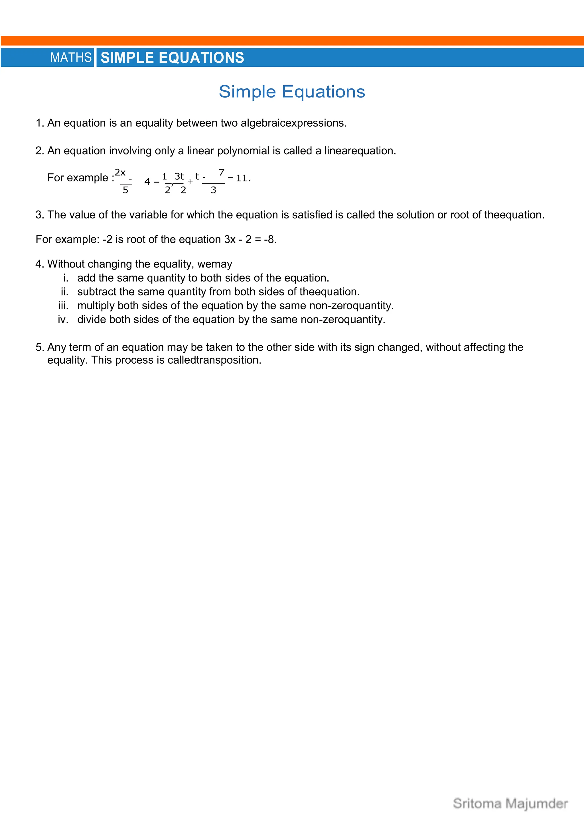 CBSE Grade 7 Mathematics Ch 4 Simple Equations Notes | PDF