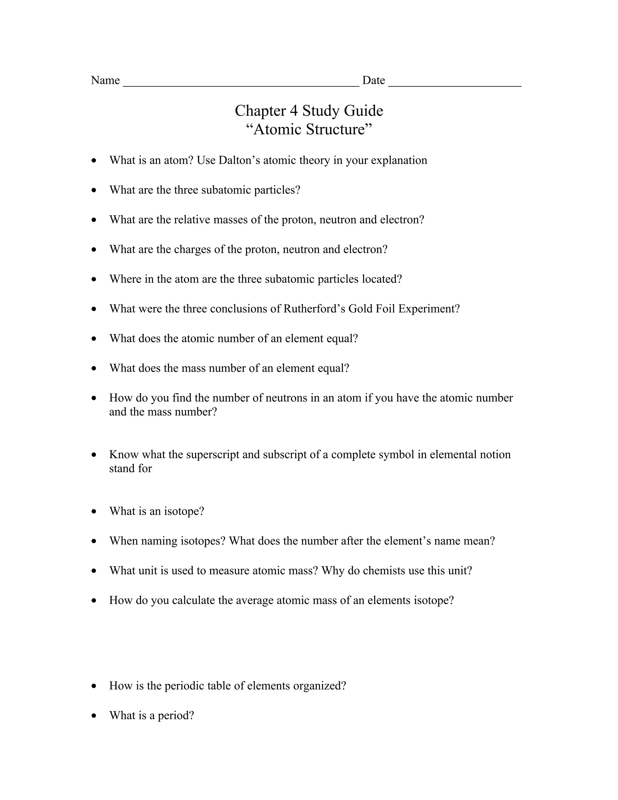 Chemistry- Chp 4 - Atomic Structure - Study Guide | DOC