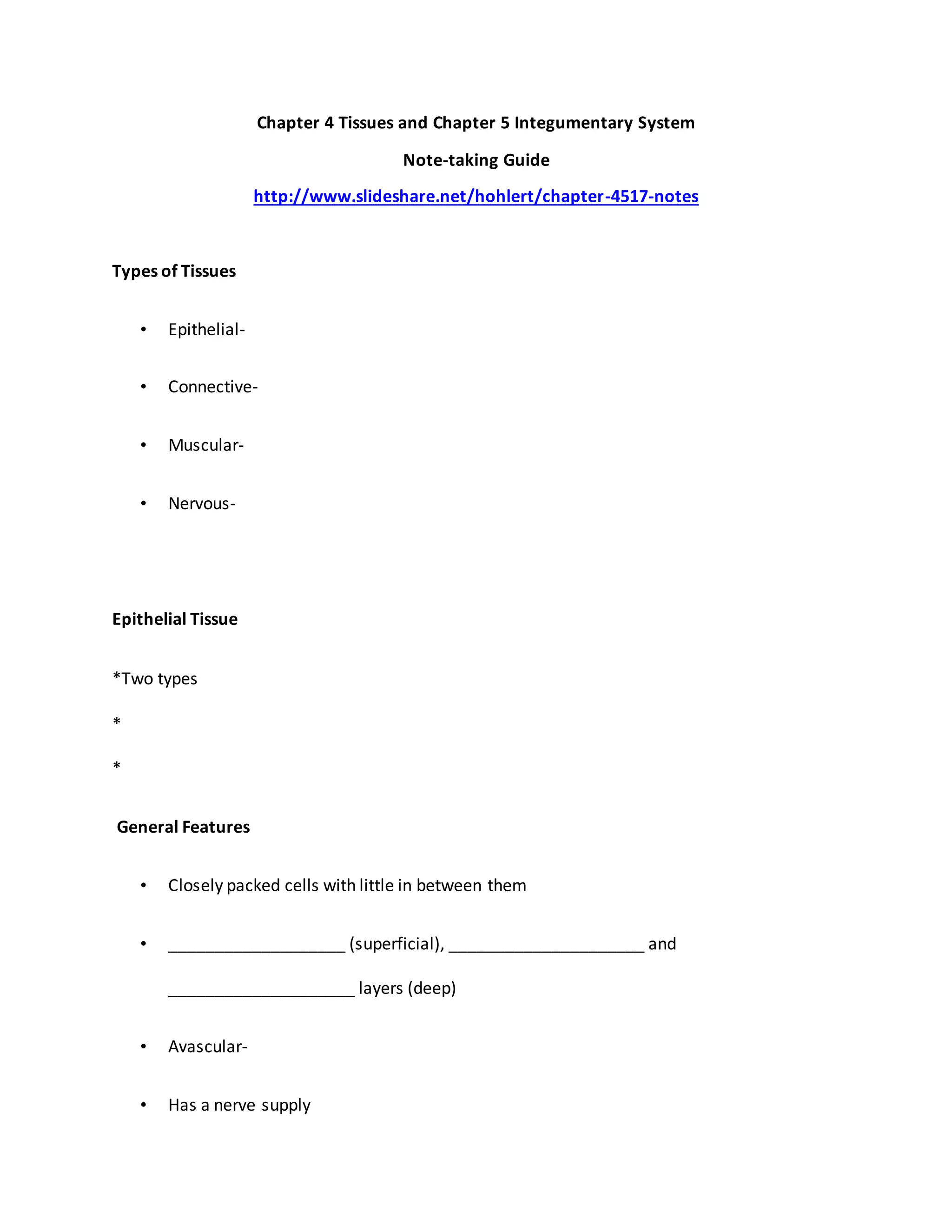 Chapter 4 tissues and chapter 5 integumentary system note guide | DOCX