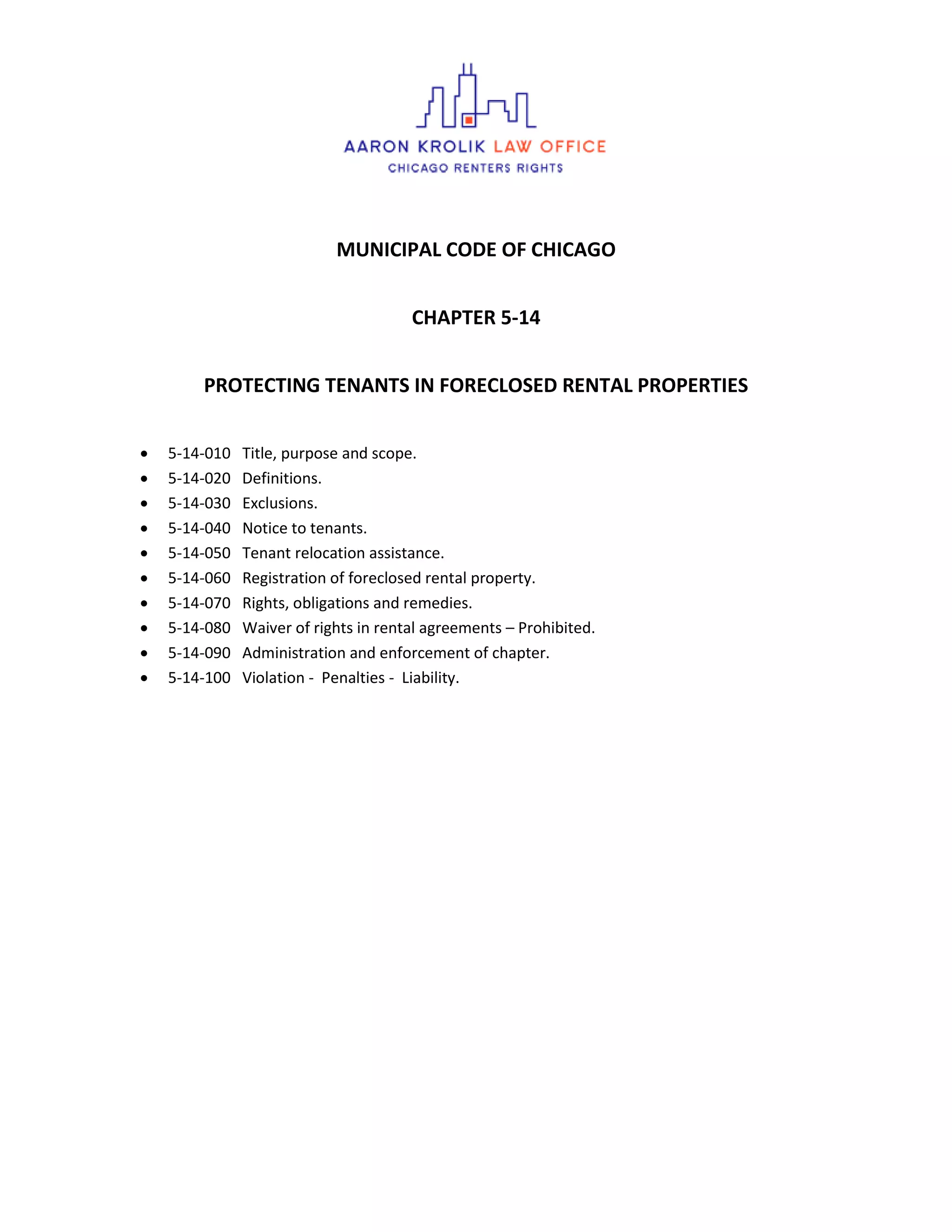 Chicago Municipal Code Chapter 5-14 | Aaron Krolik Law Office | PDF