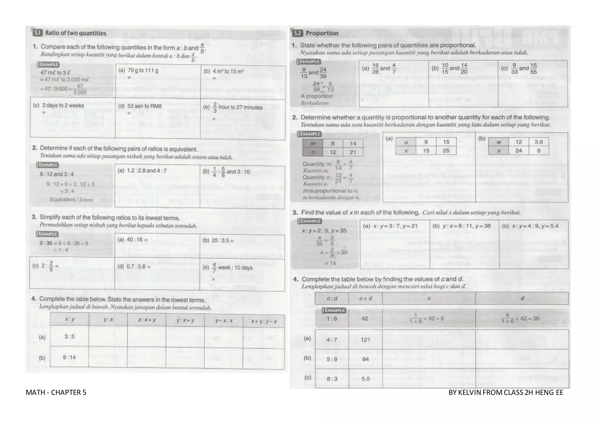 Mathematics Form 1-Chapter 4 Ratio, Rates and Proportion KBSM of form 2 ...