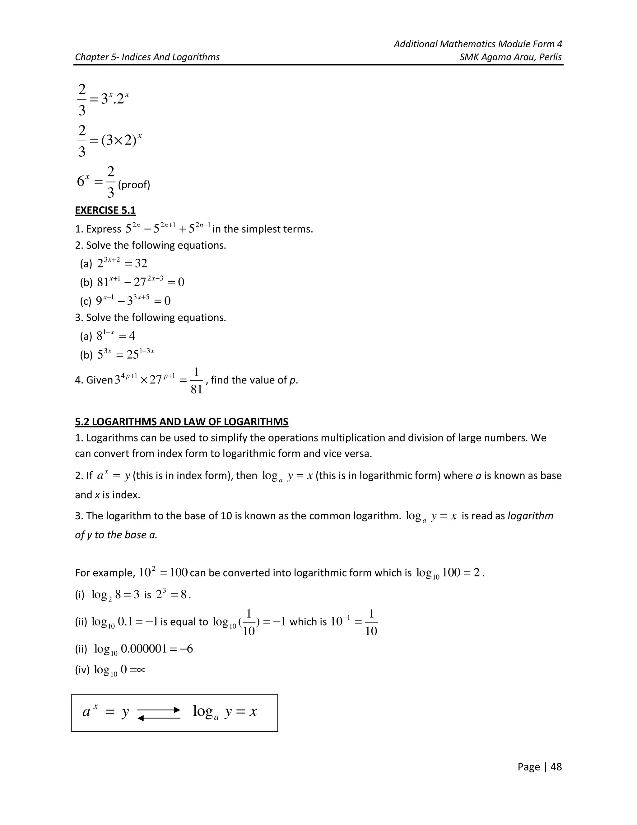 Chapter 5 indices & logarithms | PDF