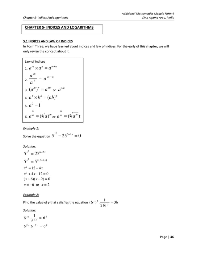 Chapter 5 indices & logarithms