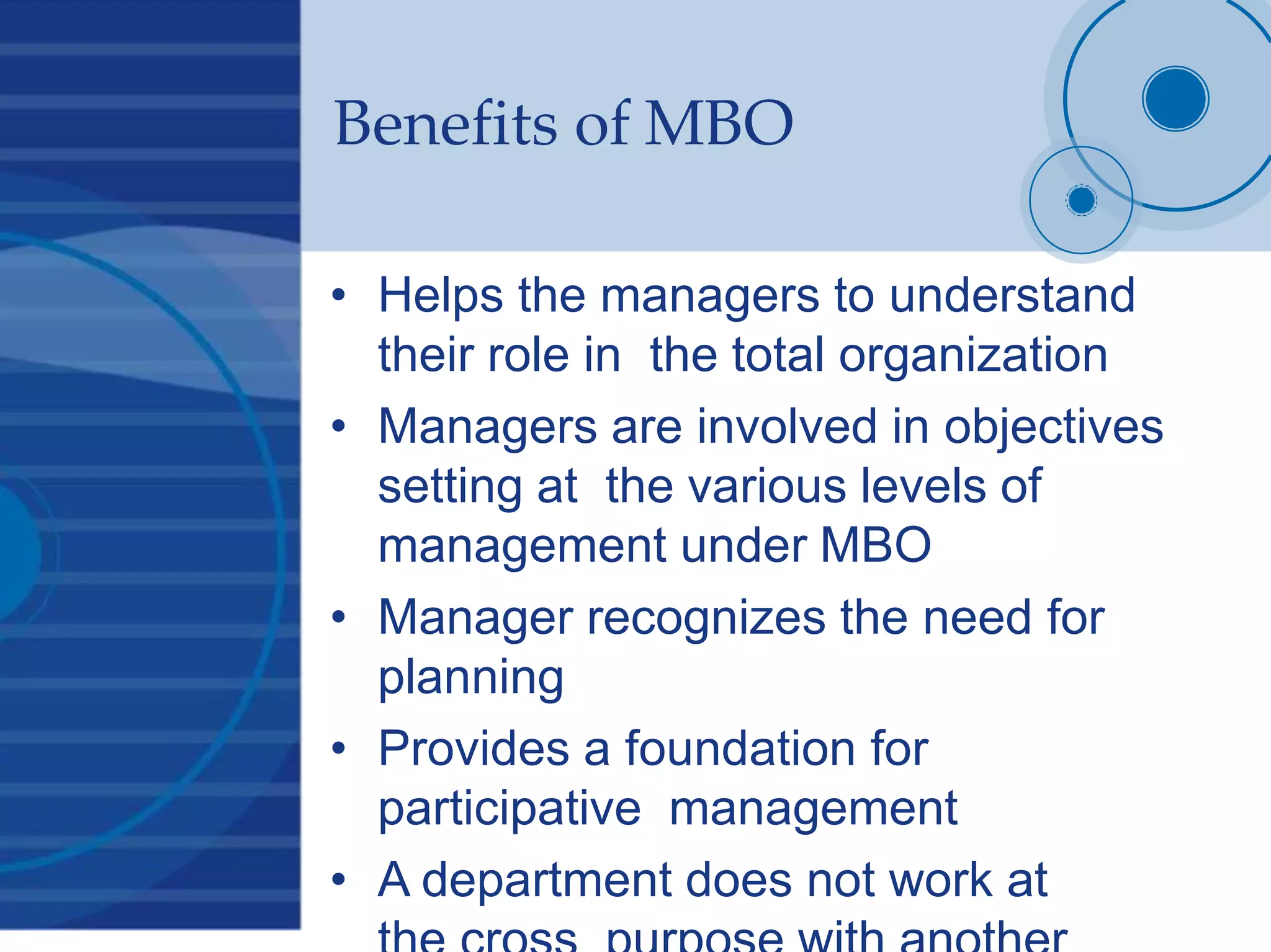 MANAGEMENT BY OBJECTIVES - FEATURES, PROCESS, BENEFITS, LIMITATIONS | PPTX