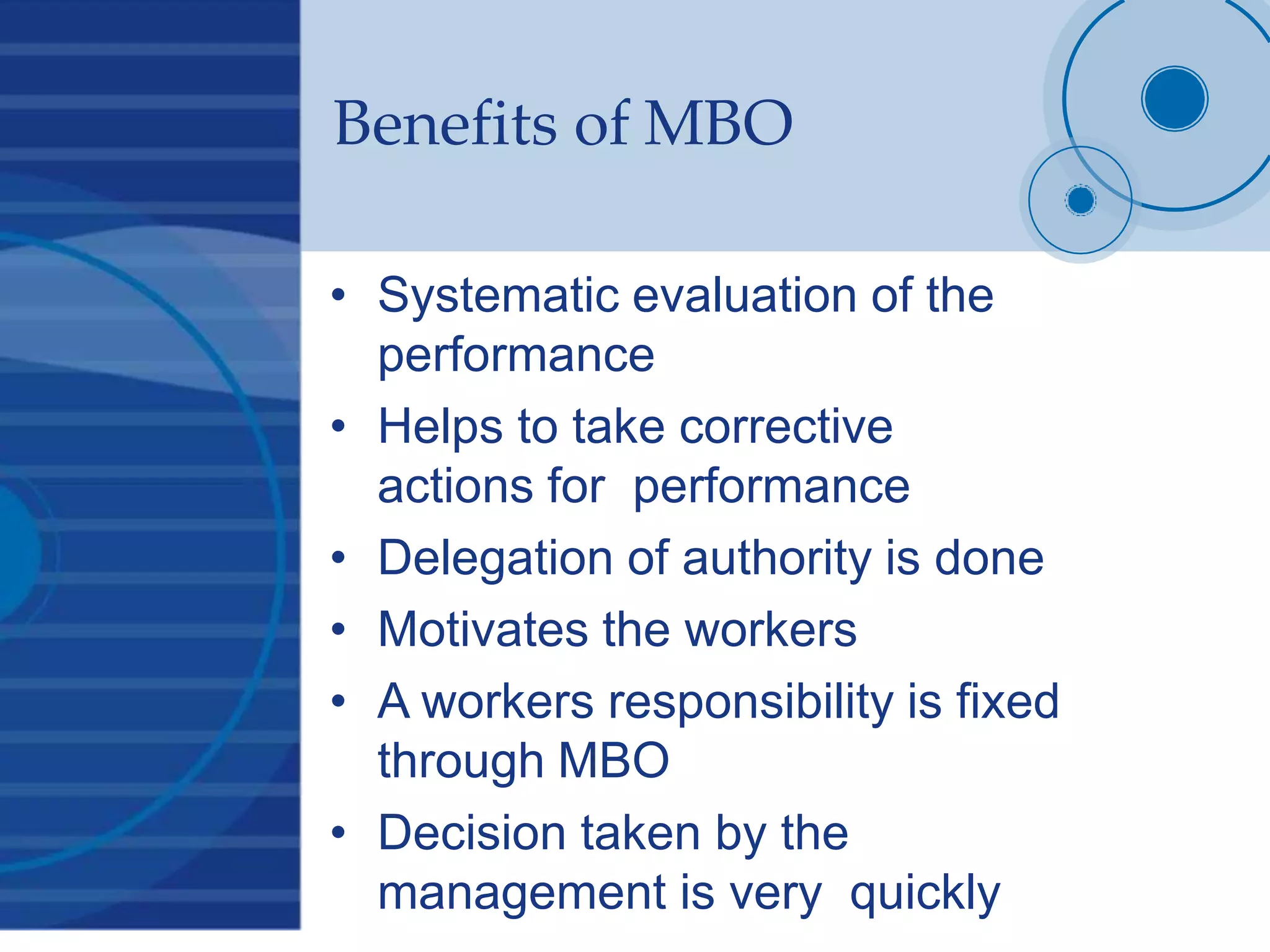 MANAGEMENT BY OBJECTIVES - FEATURES, PROCESS, BENEFITS, LIMITATIONS | PPTX