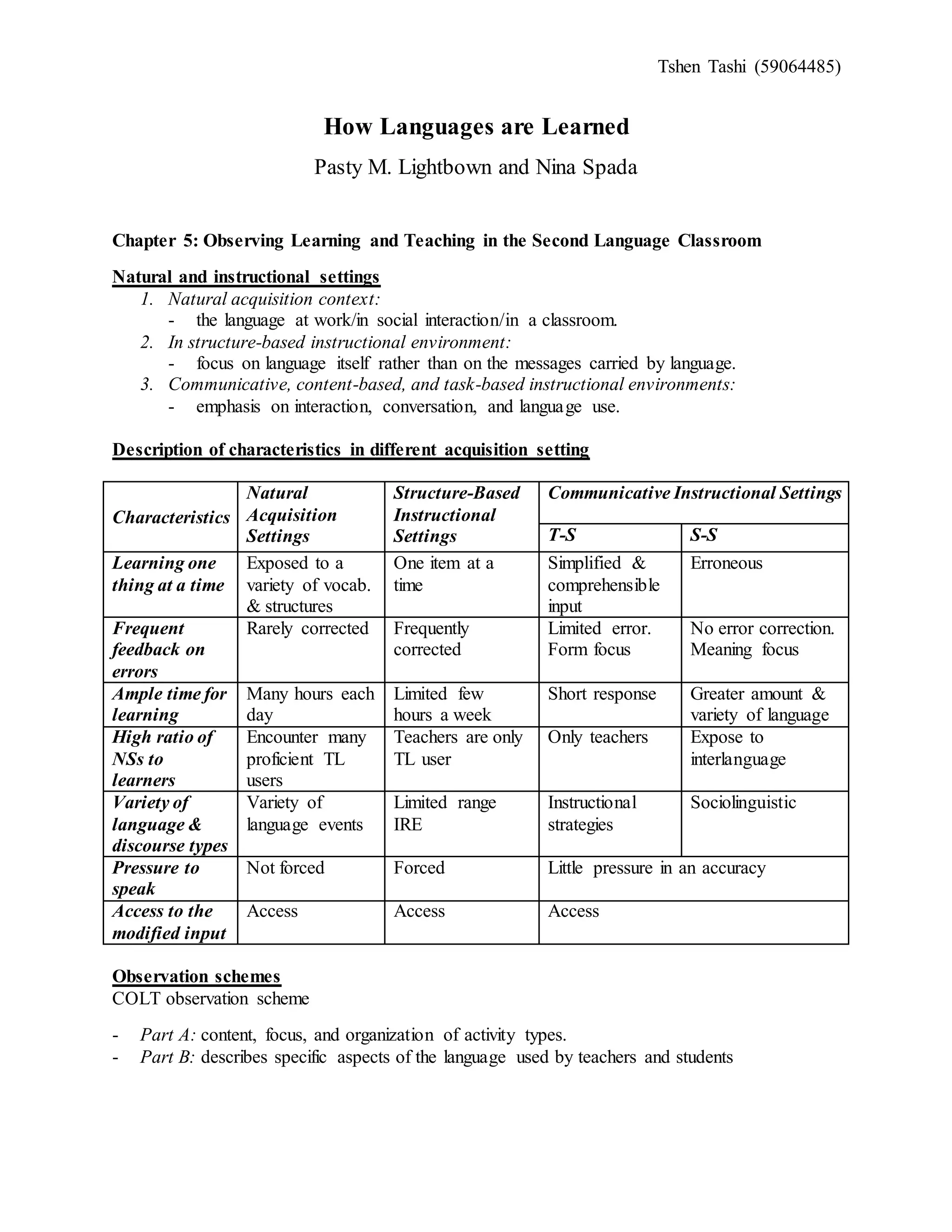 Chapter 5 observing learning and teaching in the second language ...
