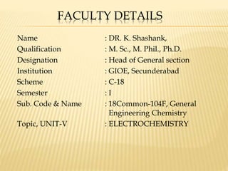chapter 5 electro chemistry semester II Diploma in Embedded systems | PPTX