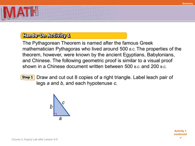 (8) Inquiry Lab - Proofs About the Pythagorean Theorem | PPT