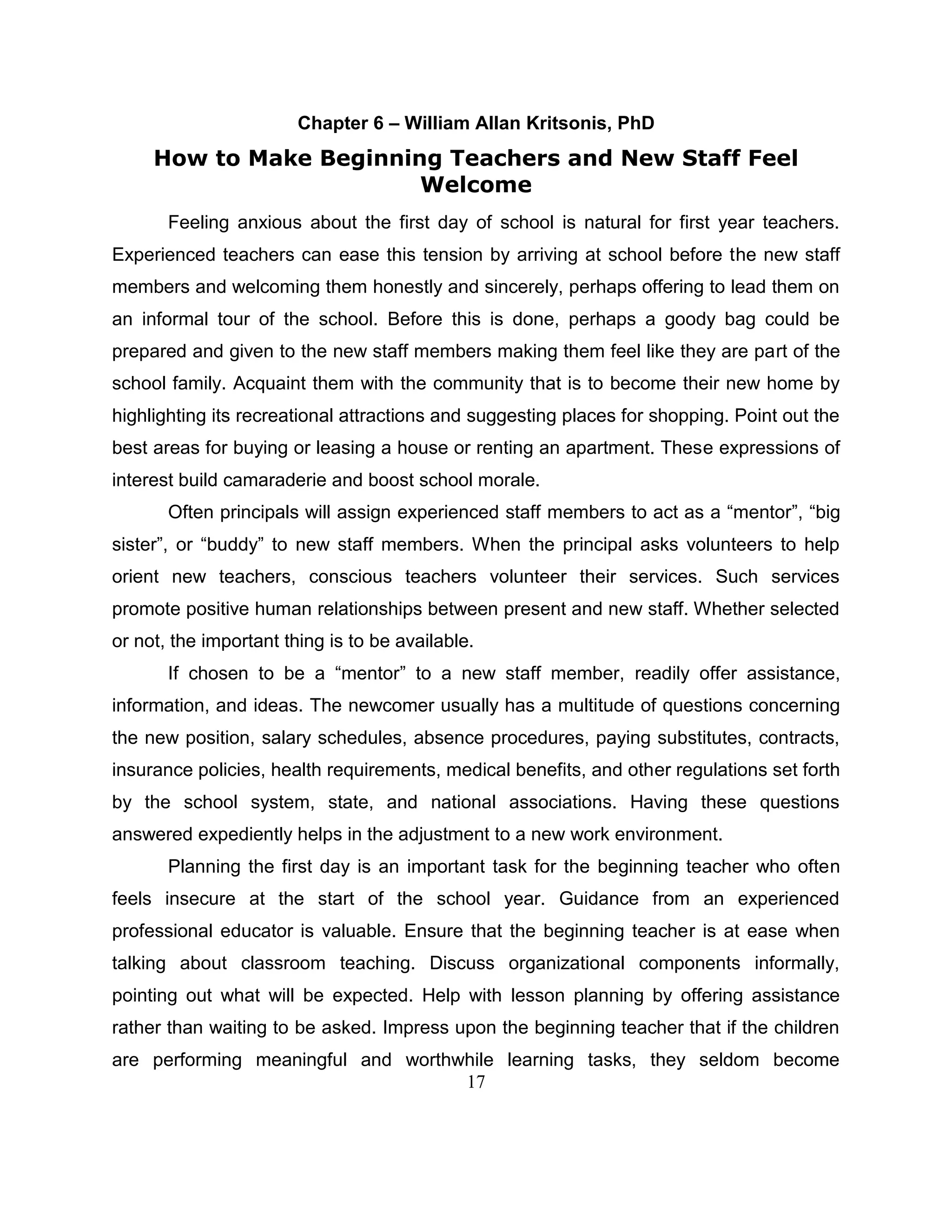 Chapter 6 - How to Make Beginning Teachers and New Staff Feel Welcome ...