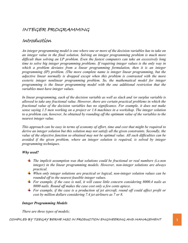 Chapter 6 Integer Programming Note Pdf