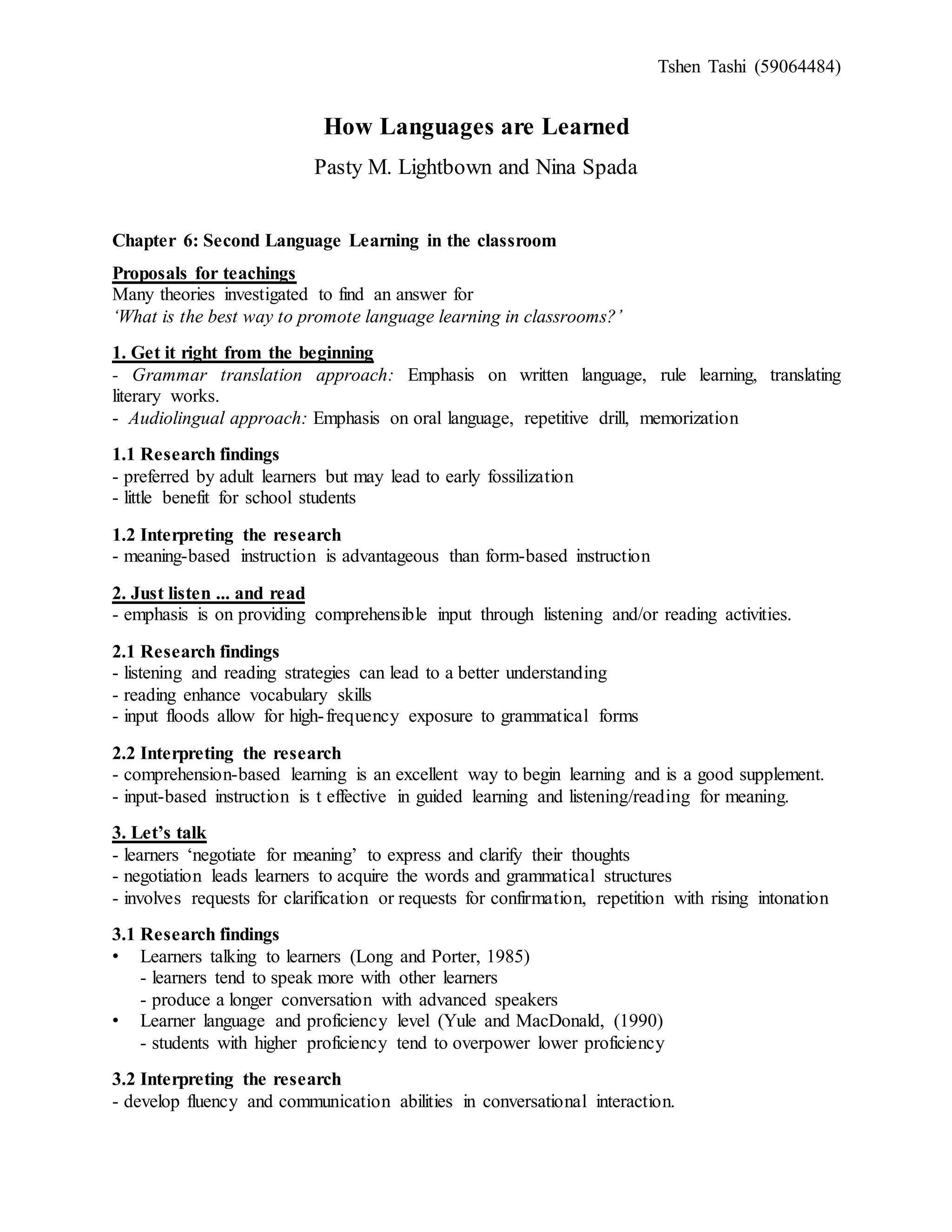 Chapter 6 second language learning in the classroom | DOCX