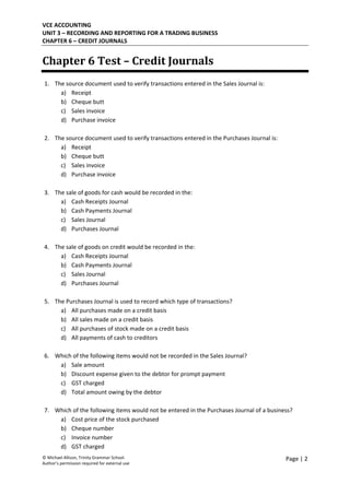Chapter 6 - Credit Journals Test | PDF | Business Accounting & Finance ...