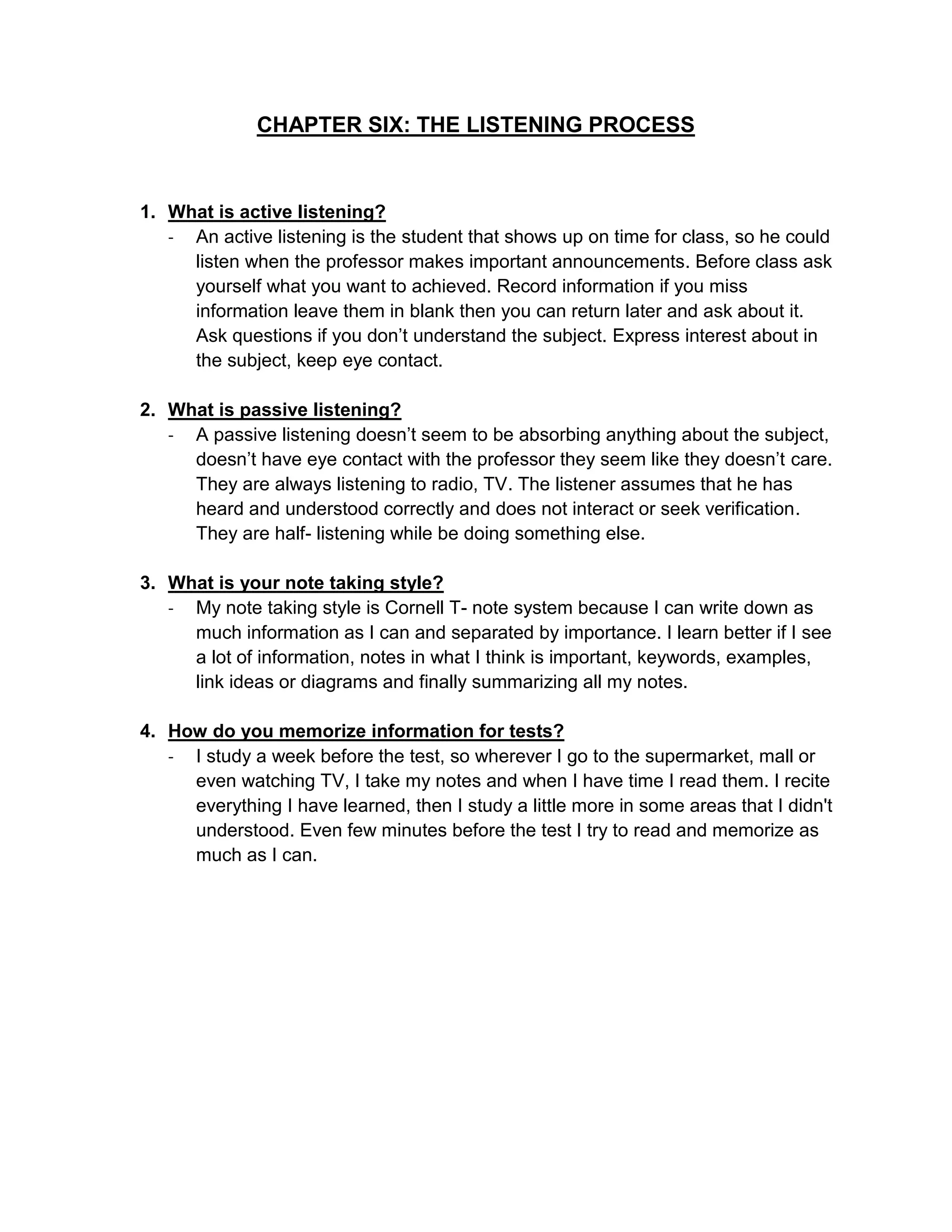 Chapter Six: The Listening Process | PDF