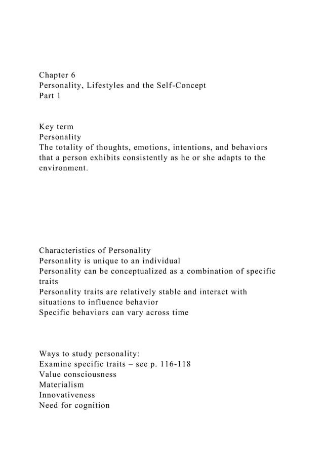 Chapter 6 Personality, Lifestyles and the Self-ConceptPart 1.docx
