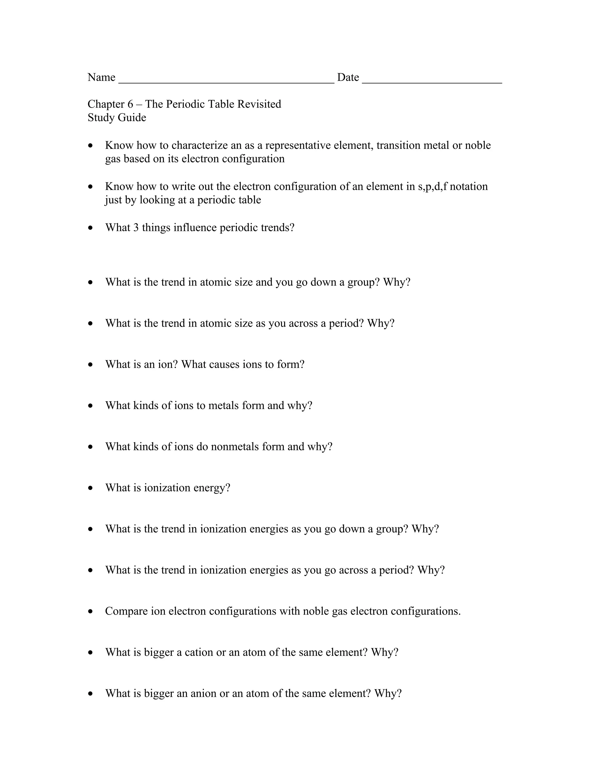 Chemistry - Chp 6 - The Periodic Table Revisited - Study Guide | PDF