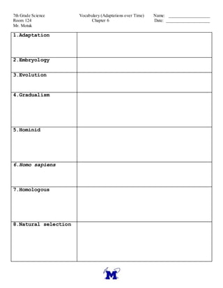 Chapter 6 vocabulary (Adaptations Over Time) | PDF