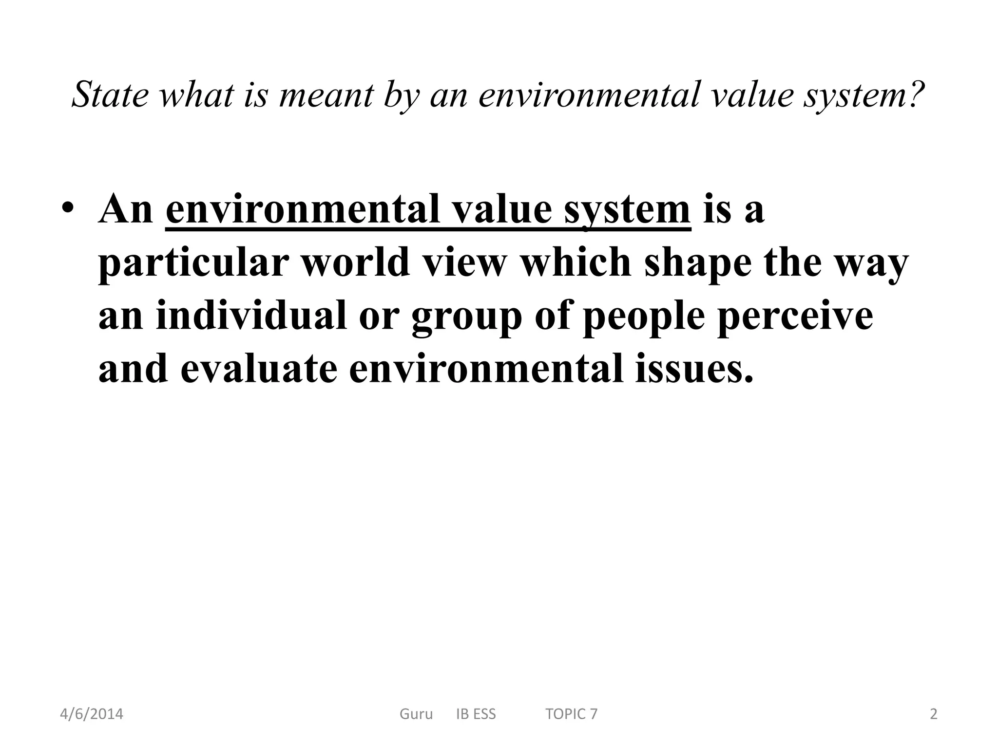 IB ESS Chapter 7.Environmental Value System | PDF