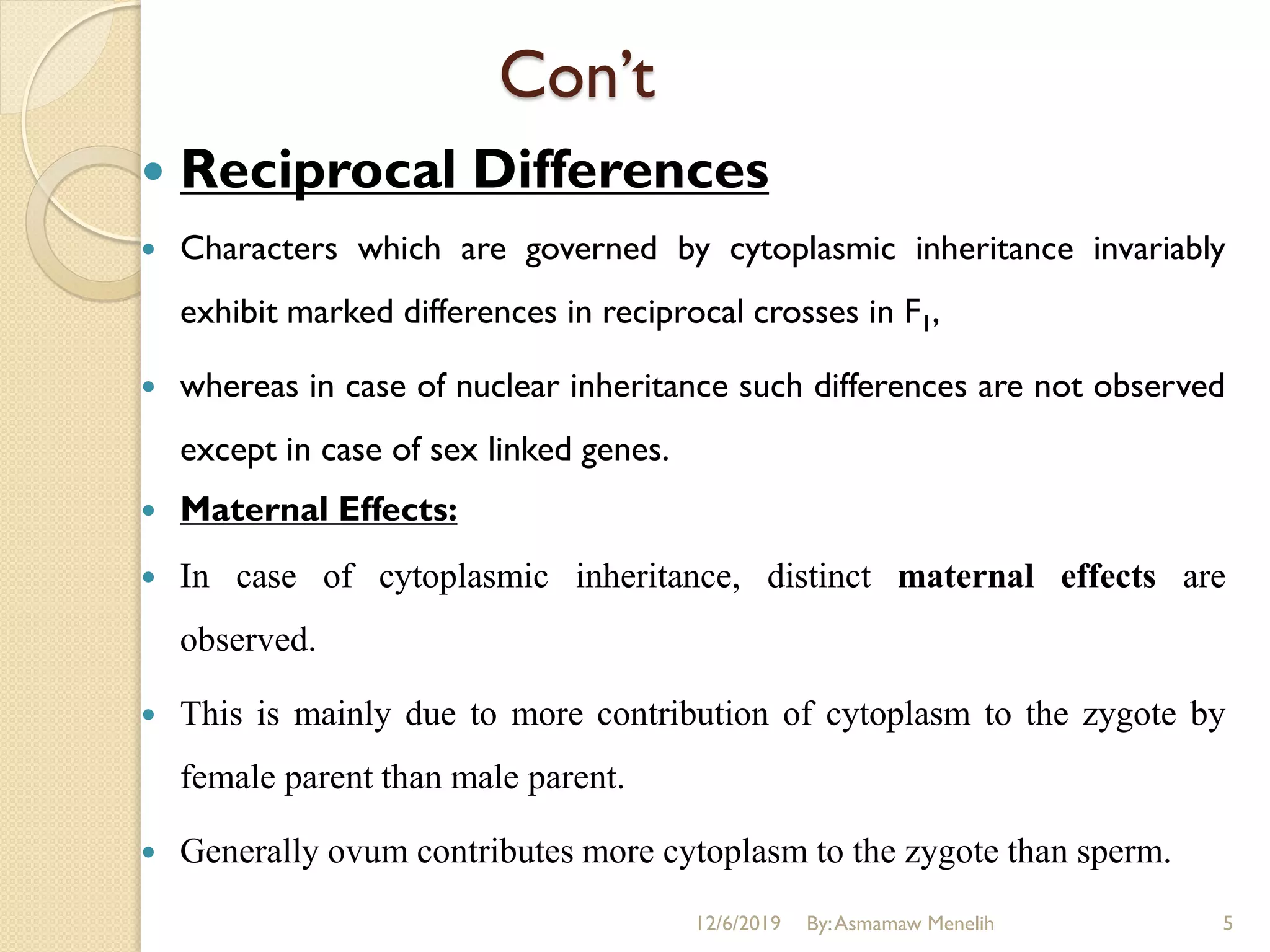 Cytoplasmic inheritance and Maternal Effect | PDF