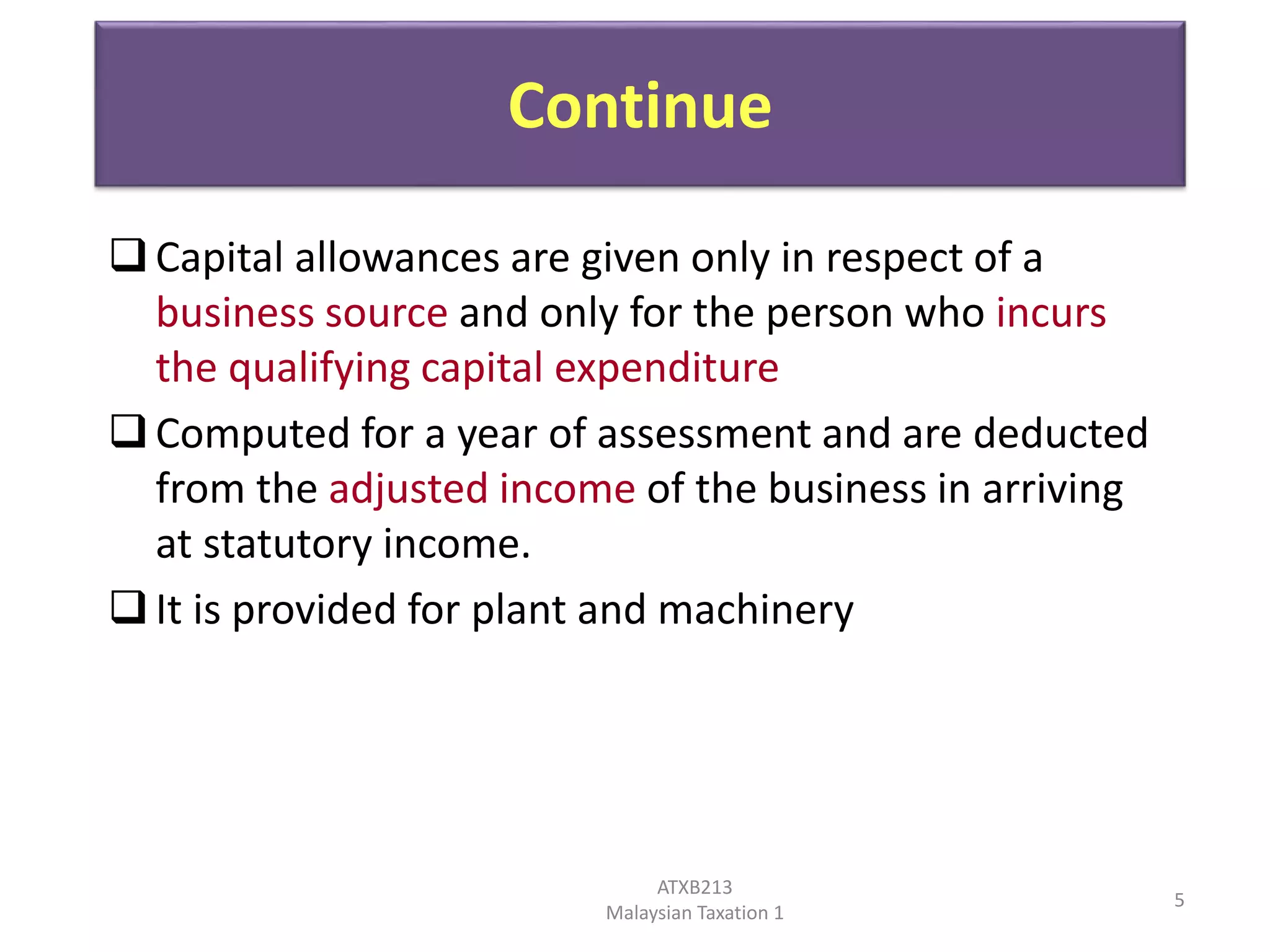 Chapter 7; capital allowances students | PPTX
