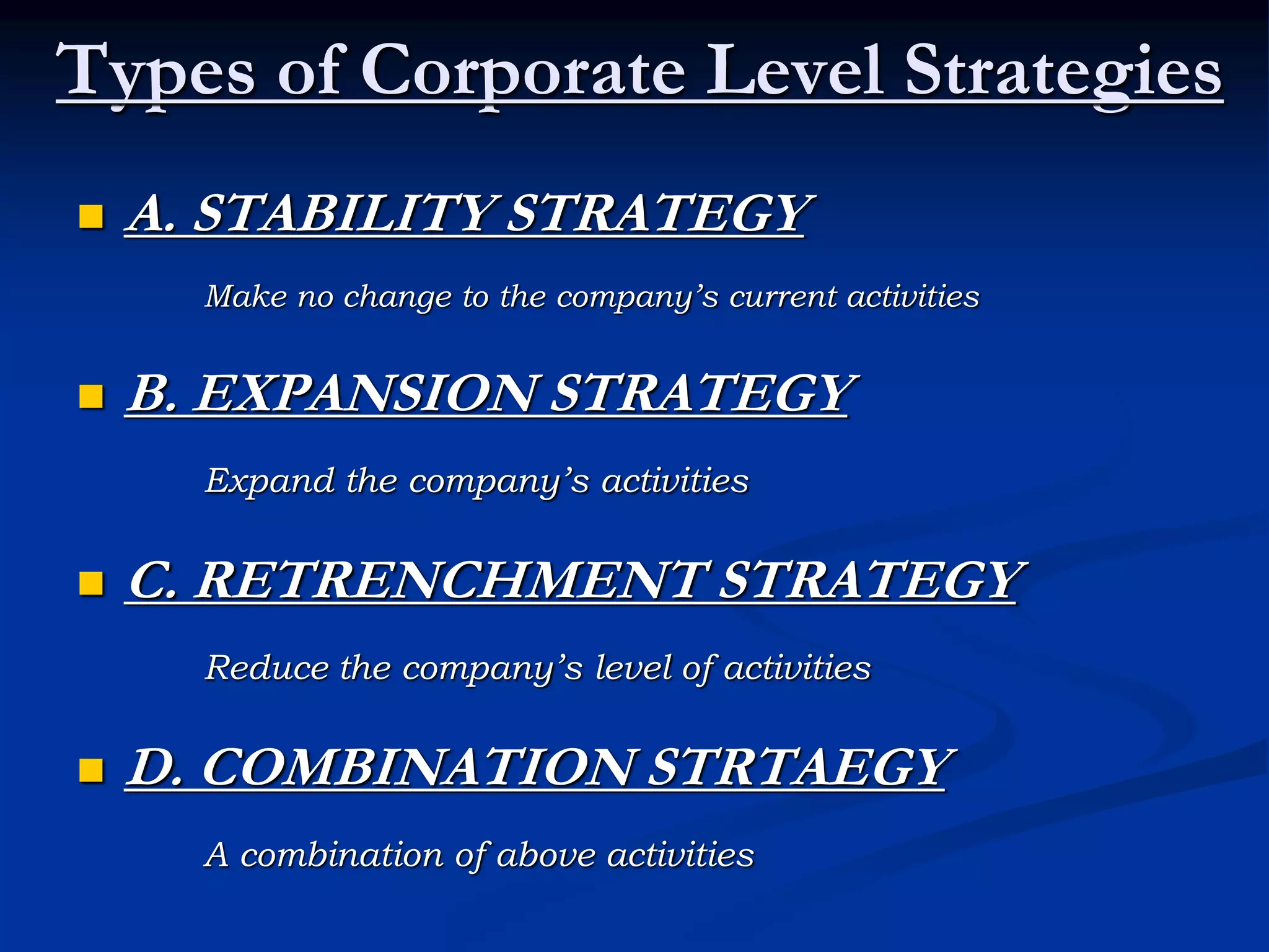 Corporate Level Strategies | PPTX | Business | Business and Finance