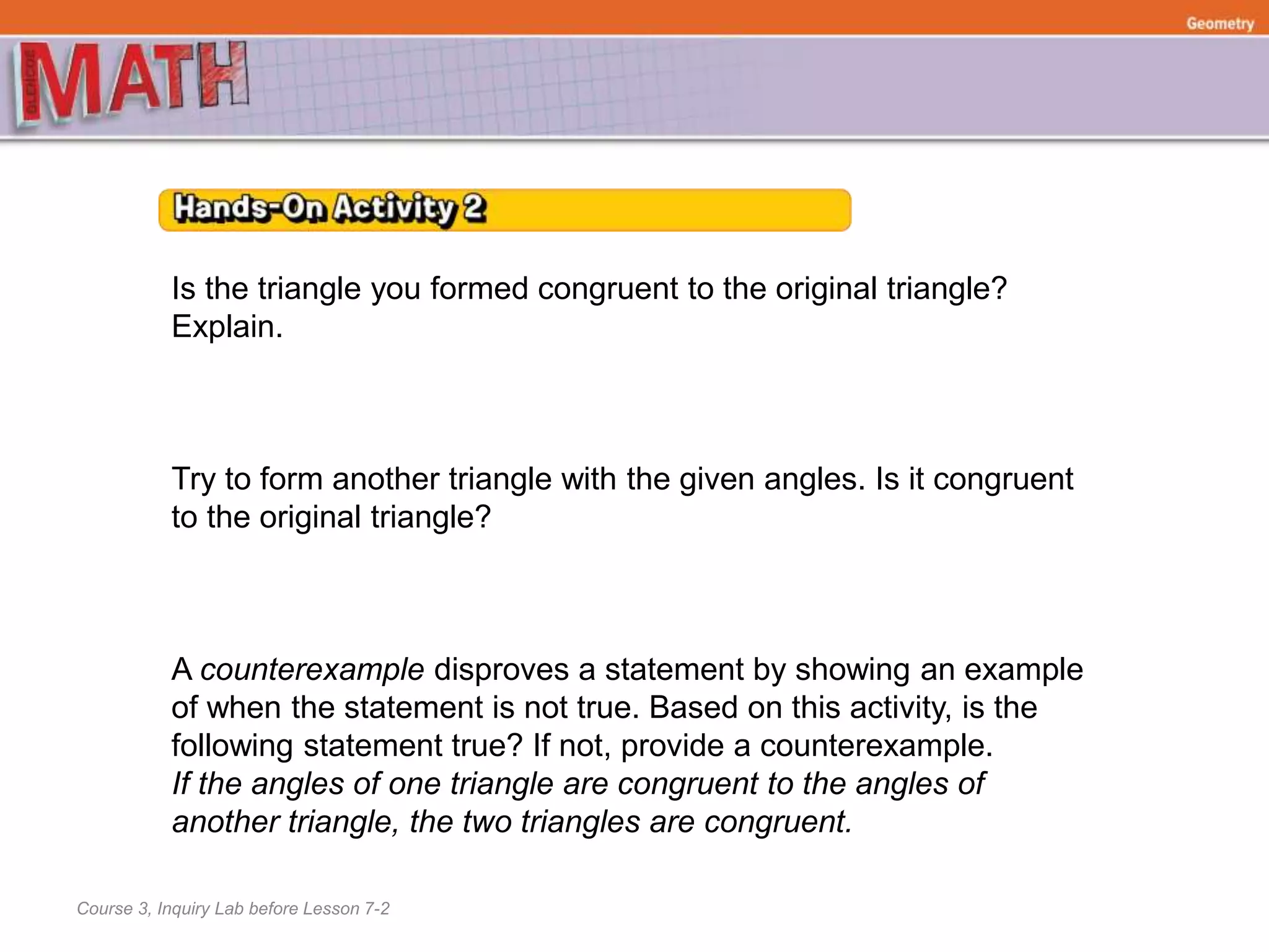 (8) Inquiry lab - Investigate Congruent Triangles | PPTX