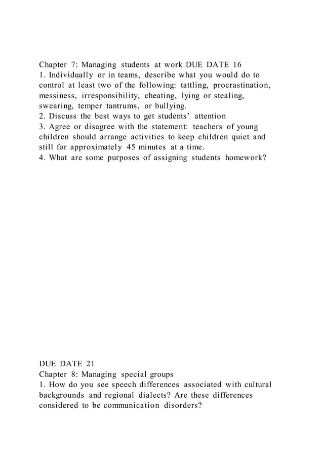 Chapter 7 Managing students at work DUE DATE 161. Individually | PDF