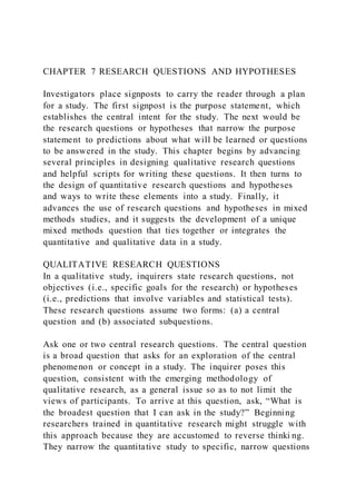 CHAPTER 7 RESEARCH QUESTIONS AND HYPOTHESESInvestigators place | DOCX