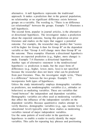 CHAPTER 7 RESEARCH QUESTIONS AND HYPOTHESESInvestigators place | DOCX