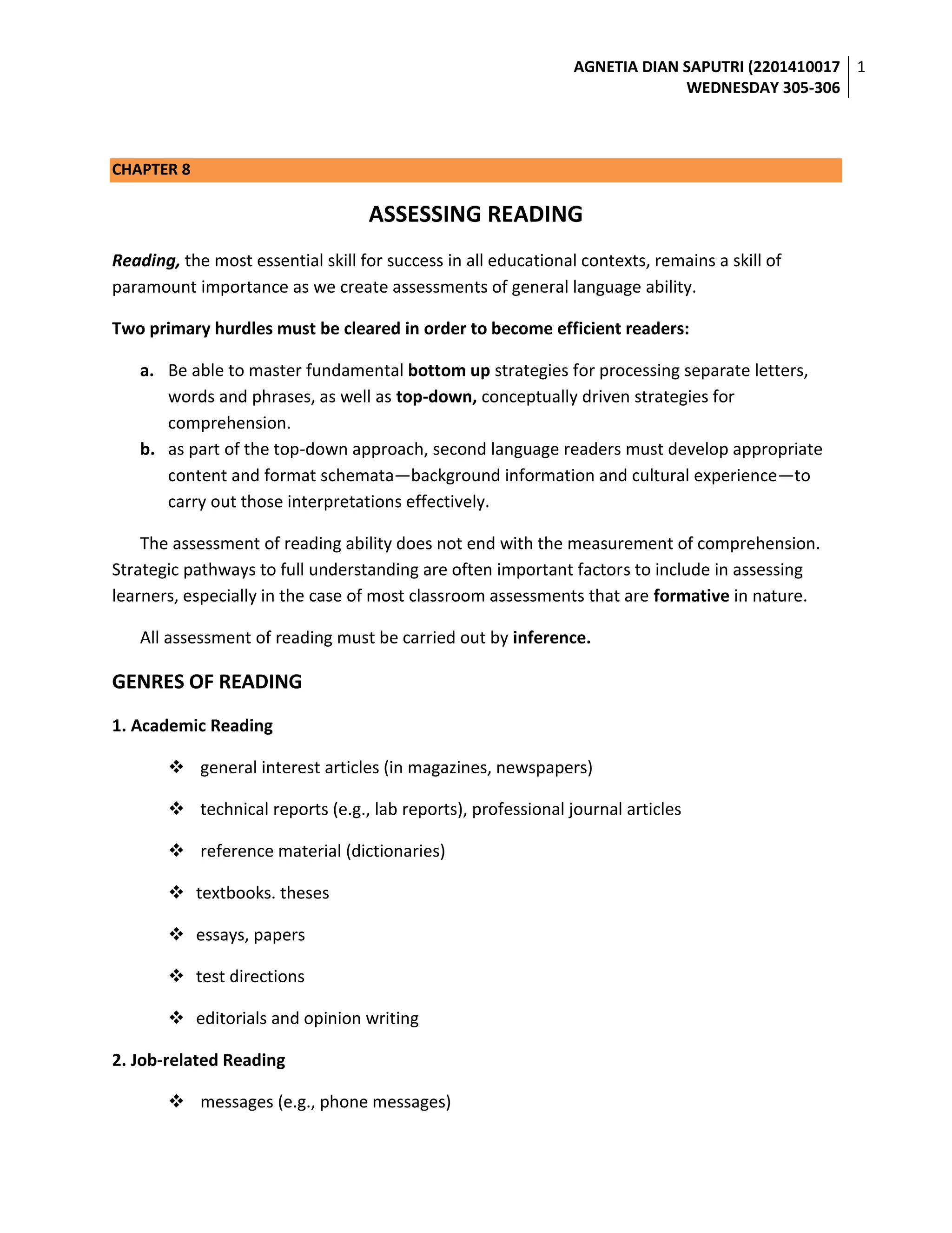 assesing reading | DOCX | Education