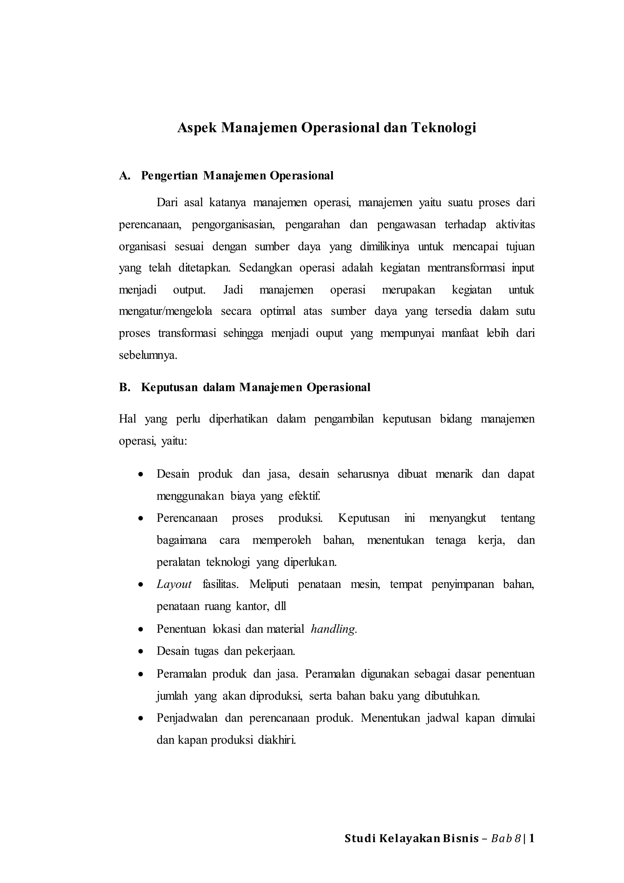 Chapter 8 Aspek Manajemen Operasional dan Teknologi | DOCX