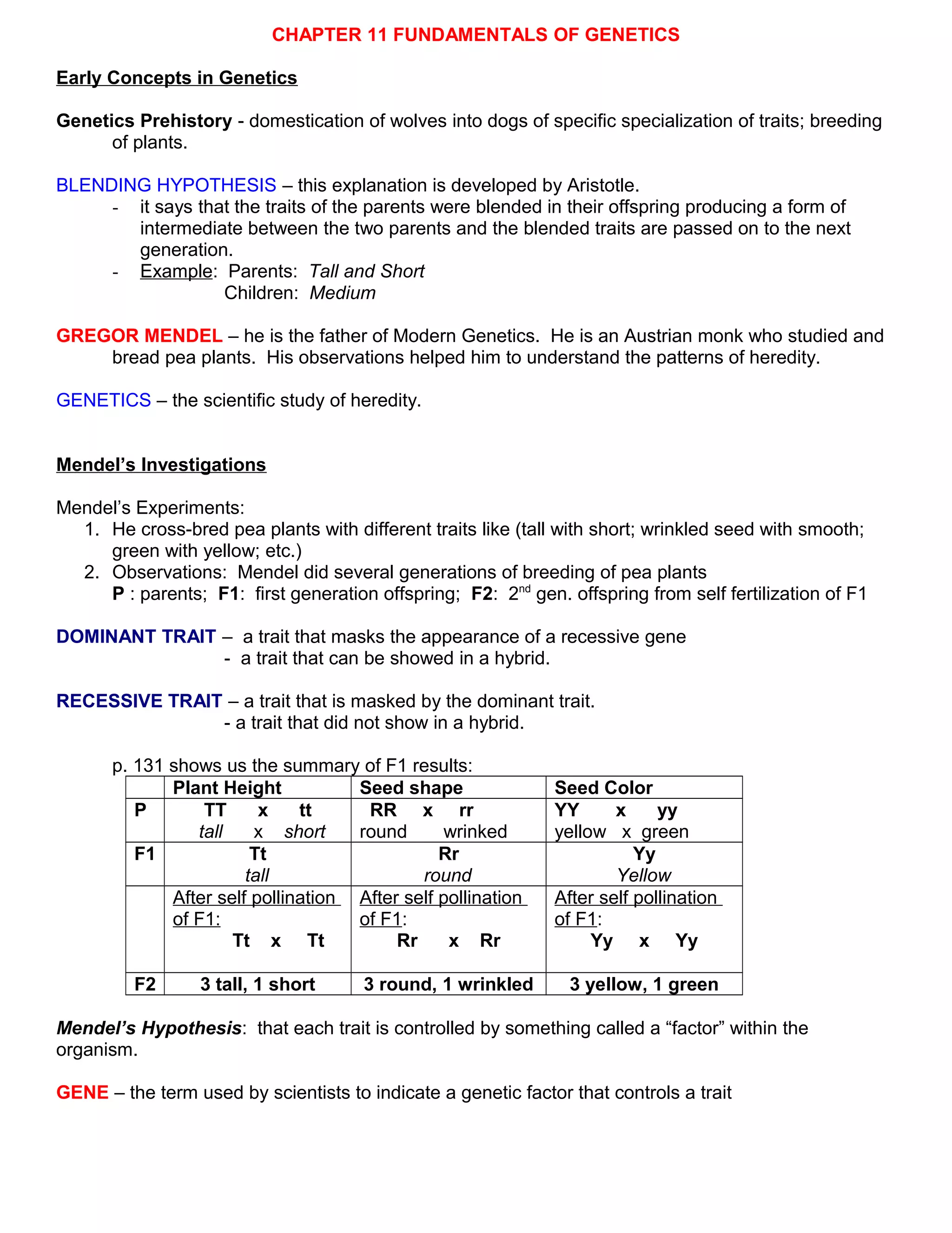 Fundamentals of Genetics Notes | DOC | Genetics | Science