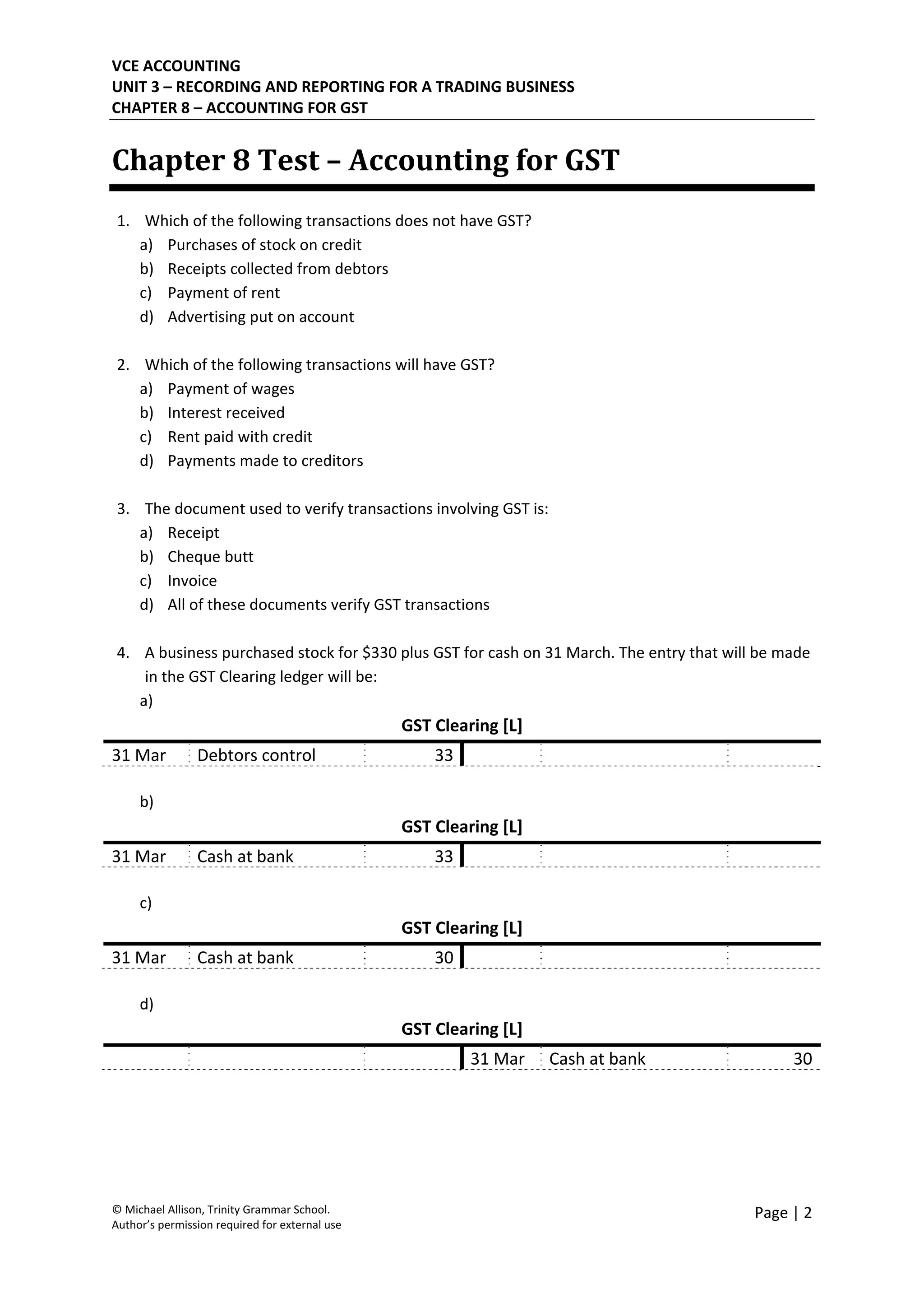 Chapter 8 GST Clearing and Settlements - Test | PDF