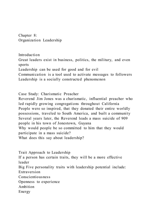 Chapter 8 Organization LeadershipIntroductionGreat le | DOCX | Executive Leadership & Management ...