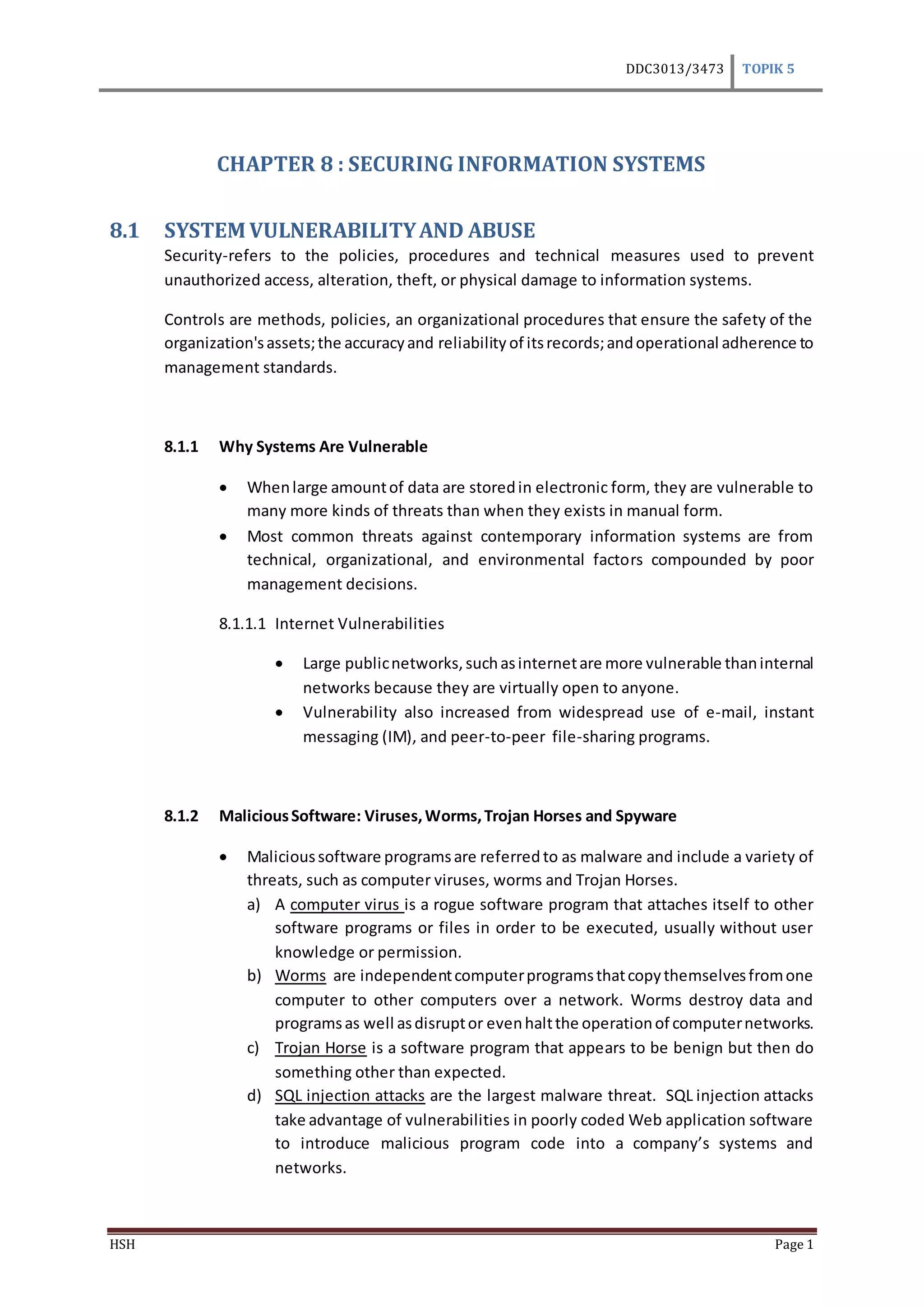 Chapter 8 securing information systems MIS | DOCX